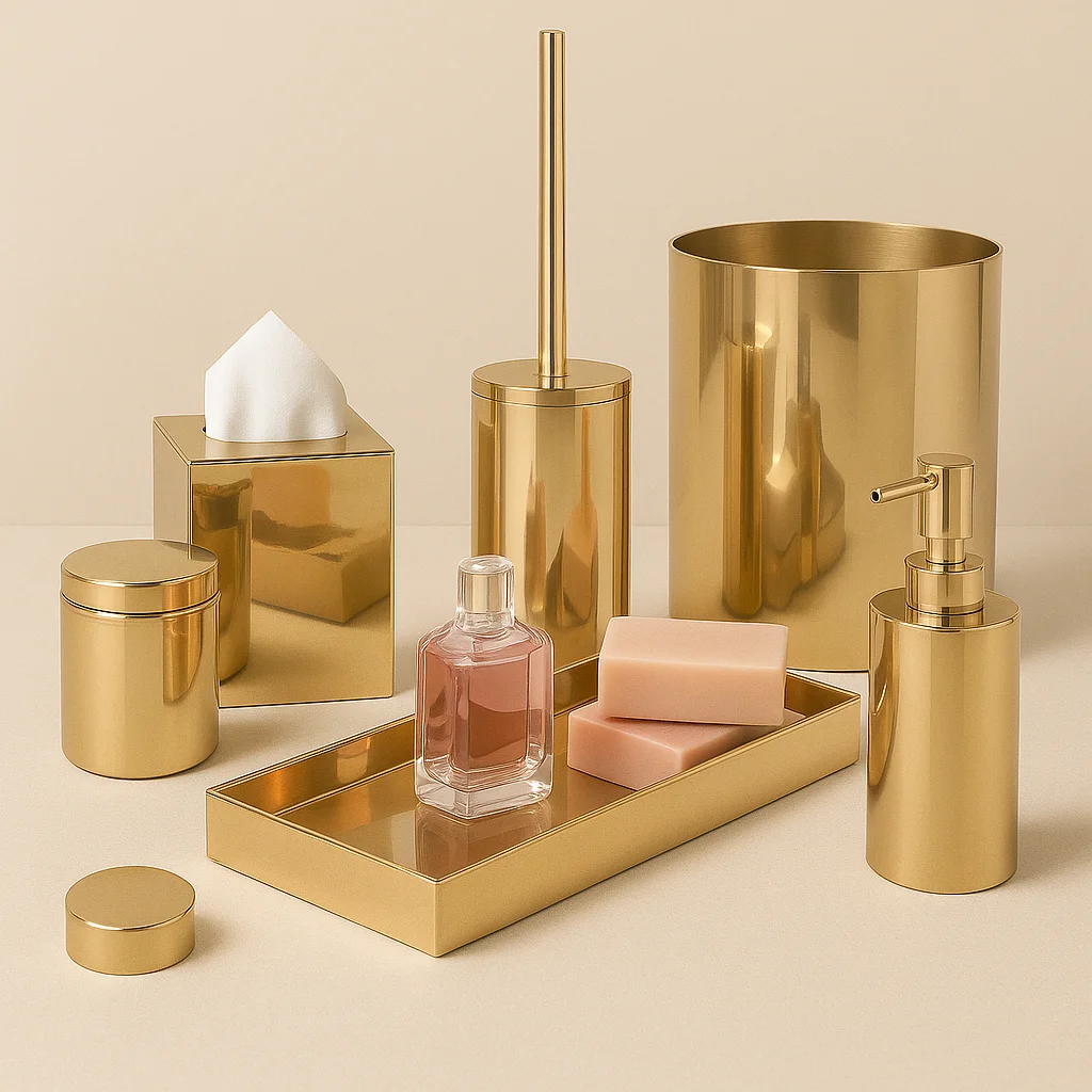 PAIVI Golden Stainless Steel Bath Vanity Set – 8-Piece Organizer